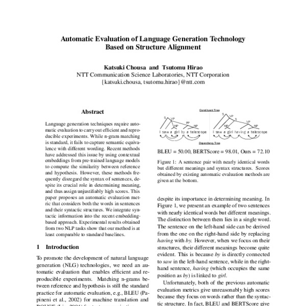 Automatic Evaluation of Language Generation Technology Based on Structure Alignment - ACL Anthology