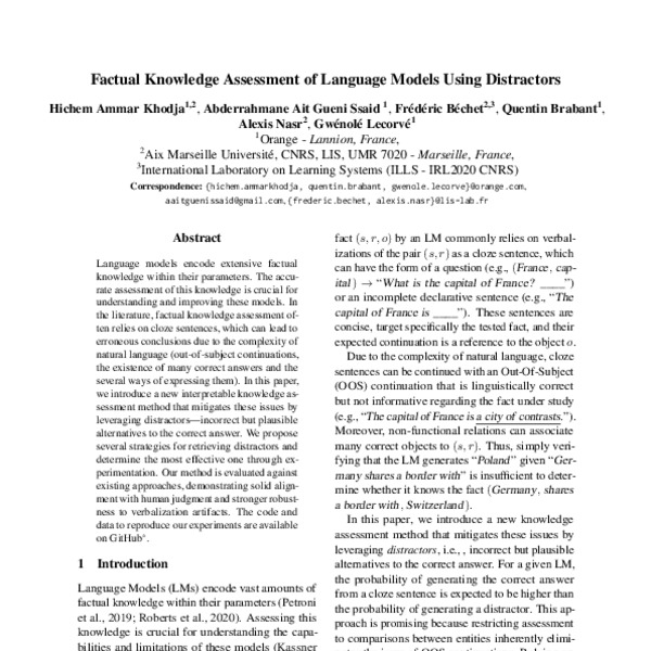 Factual Knowledge Assessment of Language Models Using Distractors - ACL Anthology