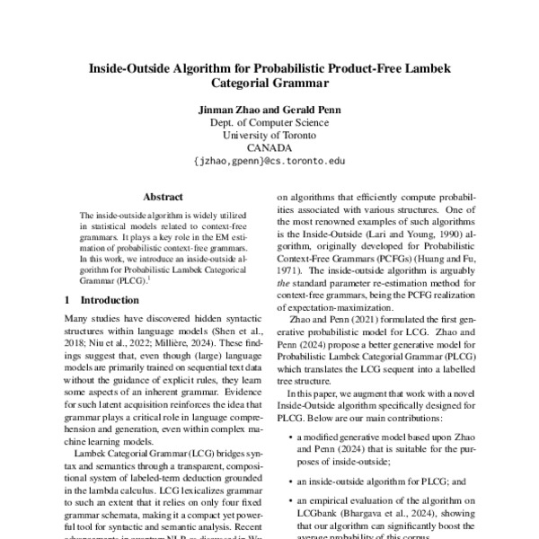 Inside-Outside Algorithm for Probabilistic Product-Free Lambek Categorial Grammar - ACL Anthology