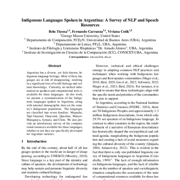 Indigenous Languages Spoken in Argentina: A Survey of NLP and Speech ...