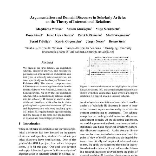 Argumentation and Domain Discourse in Scholarly Articles on the Theory of International ...