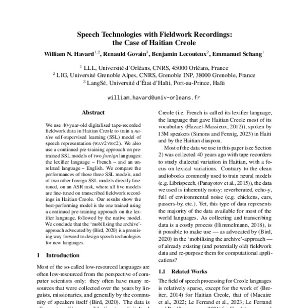 Speech Technologies with Fieldwork Recordings: the Case of Haitian ...