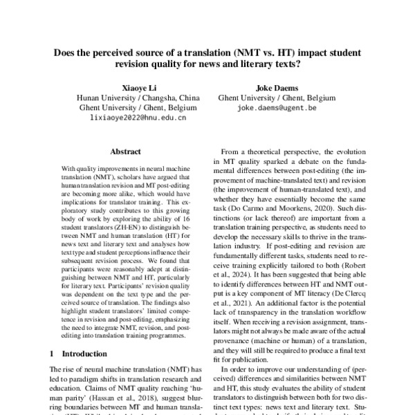 Does the perceived source of a translation (NMT vs. HT) impact student revision quality for news ...