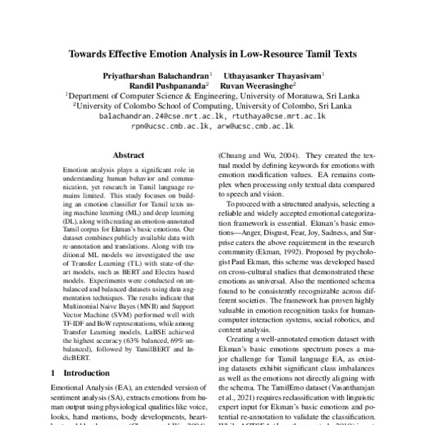 Towards Effective Emotion Analysis in Low-Resource Tamil Texts - ACL Anthology
