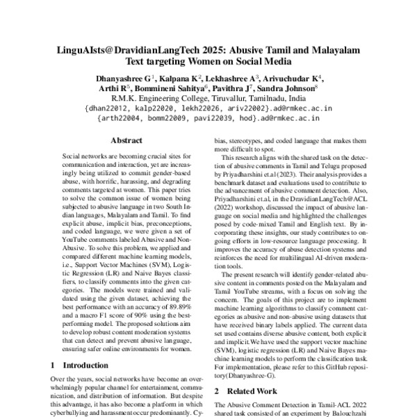 LinguAIsts@DravidianLangTech 2025: Abusive Tamil and Malayalam Text targeting Women on Social ...