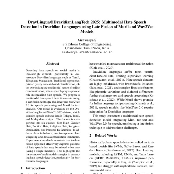 DravLingua@DravidianLangTech 2025: Multimodal Hate Speech Detection in Dravidian Languages using ...