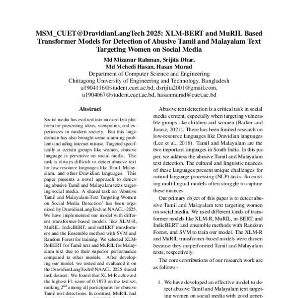 MSM_CUET@DravidianLangTech 2025: XLM-BERT and MuRIL Based Transformer ...