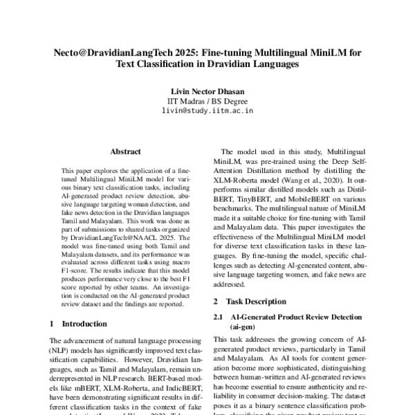 Necto@DravidianLangTech 2025: Fine-tuning Multilingual MiniLM for Text Classification in ...