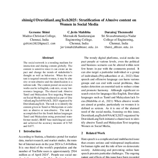 shimig@DravidianLangTech2025: Stratification of Abusive content on Women in Social Media - ACL ...