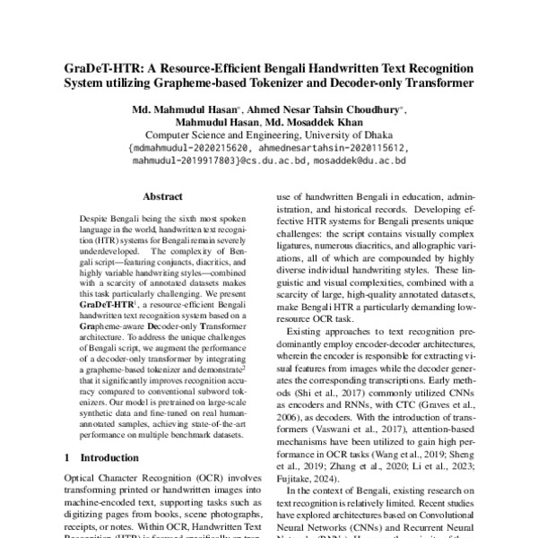 GraDeT-HTR: A Resource-Efficient Bengali Handwritten Text Recognition ...