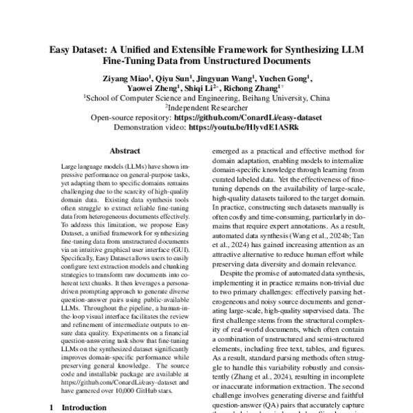 Easy Dataset: A Unified and Extensible Framework for Synthesizing LLM Fine-Tuning Data from ...