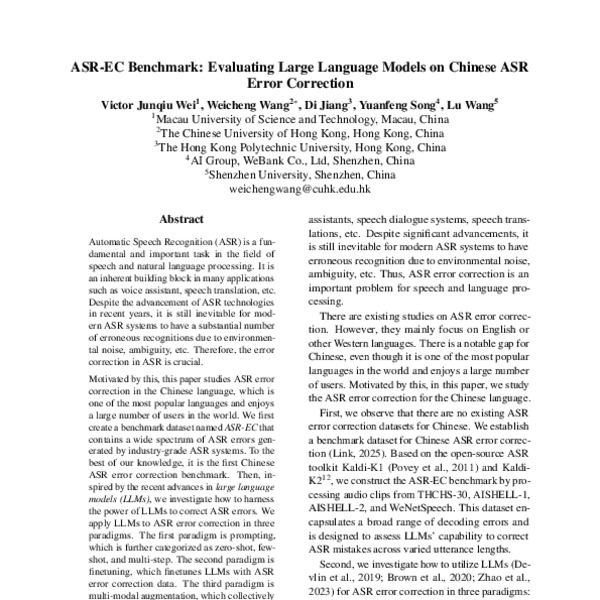 ASR-EC Benchmark: Evaluating Large Language Models on Chinese ASR Error ...