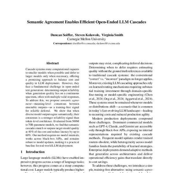 Semantic Agreement Enables Efficient Open-Ended LLM Cascades - ACL ...