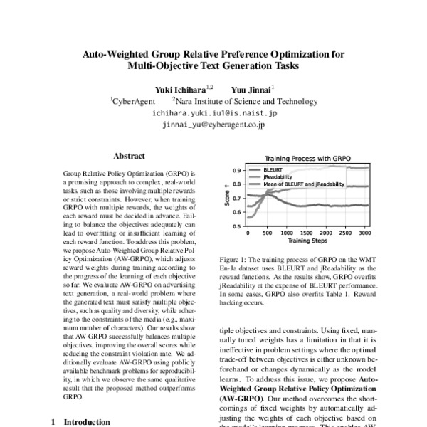 Auto-Weighted Group Relative Preference Optimization for Multi-Objective Text Generation Tasks ...