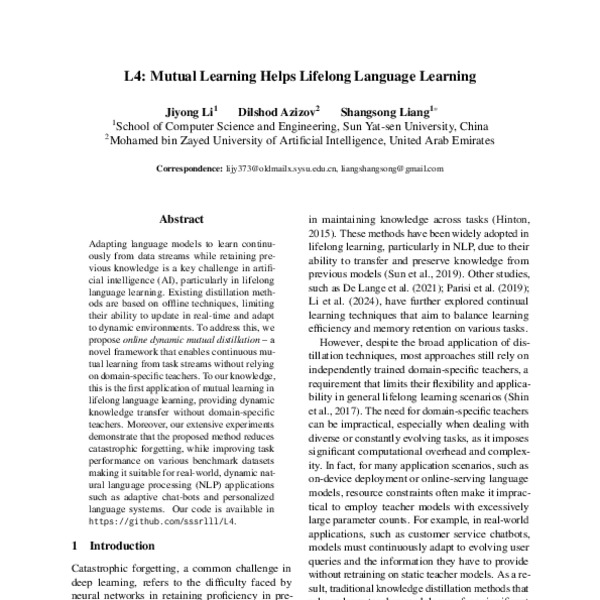 L4: Mutual Learning Helps Lifelong Language Learning - ACL Anthology