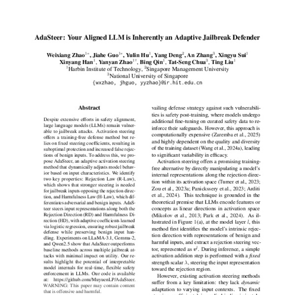 AdaSteer: Your Aligned LLM is Inherently an Adaptive Jailbreak Defender ...