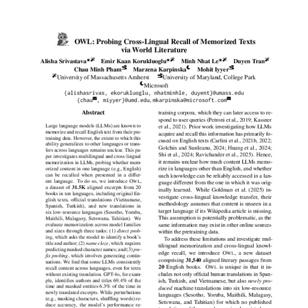 OWL: Probing Cross-Lingual Recall of Memorized Texts via World ...