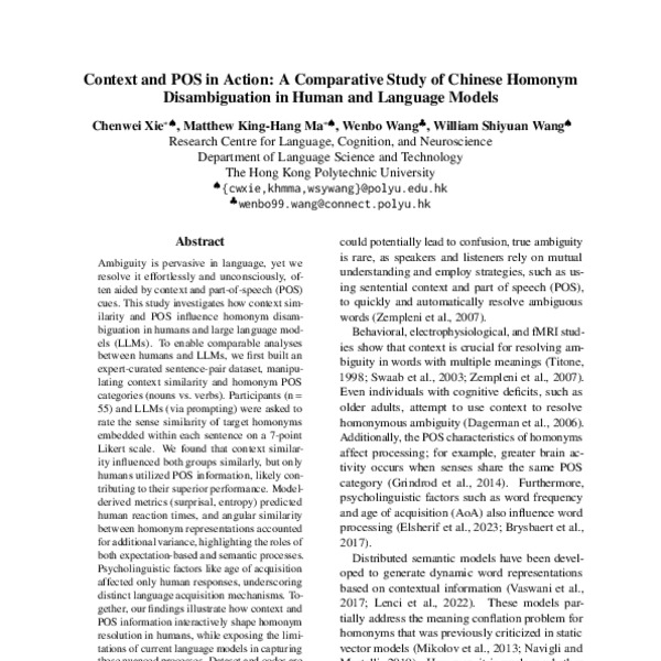 Context and POS in Action: A Comparative Study of Chinese Homonym ...