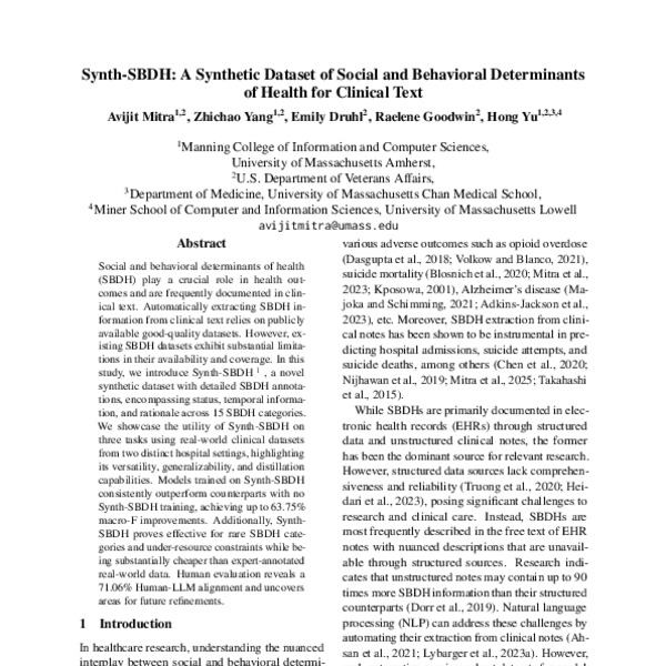 Synth-SBDH: A Synthetic Dataset of Social and Behavioral Determinants ...