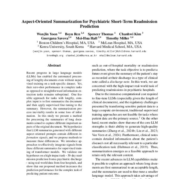 Aspect-Oriented Summarization for Psychiatric Short-Term Readmission Prediction - ACL Anthology