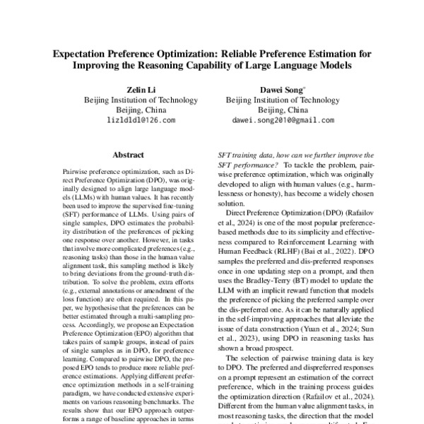 Expectation Preference Optimization: Reliable Preference Estimation for Improving the Reasoning ...