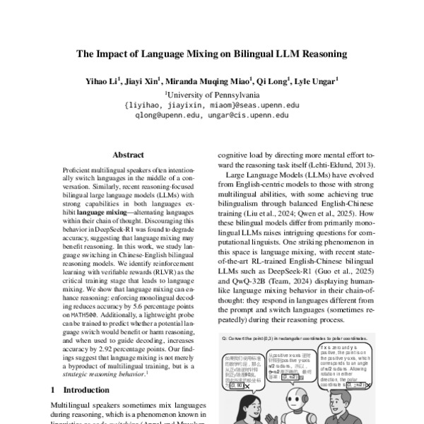 The Impact of Language Mixing on Bilingual LLM Reasoning - ACL Anthology