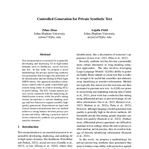 Controlled Generation for Private Synthetic Text - ACL Anthology
