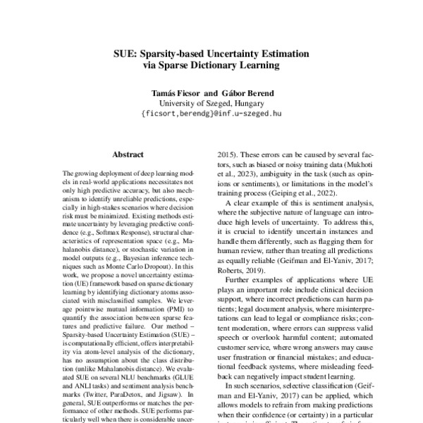 SUE: Sparsity-based Uncertainty Estimation via Sparse Dictionary Learning - ACL Anthology