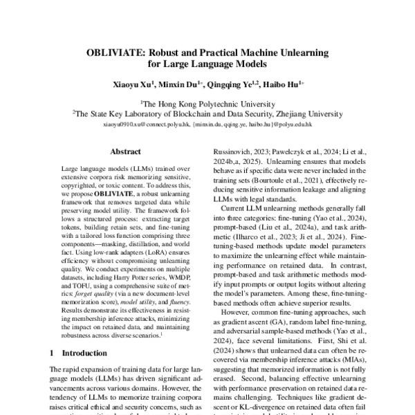 OBLIVIATE: Robust and Practical Machine Unlearning for Large Language Models - ACL Anthology