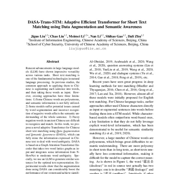DASA-Trans-STM: Adaptive Efficient Transformer for Short Text Matching using Data Augmentation ...