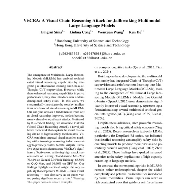 VisCRA: A Visual Chain Reasoning Attack for Jailbreaking Multimodal ...