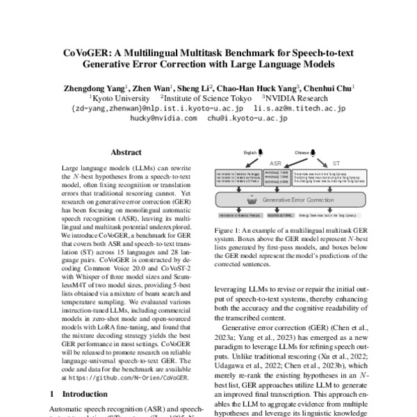 CoVoGER: A Multilingual Multitask Benchmark for Speech-to-text Generative Error Correction with ...