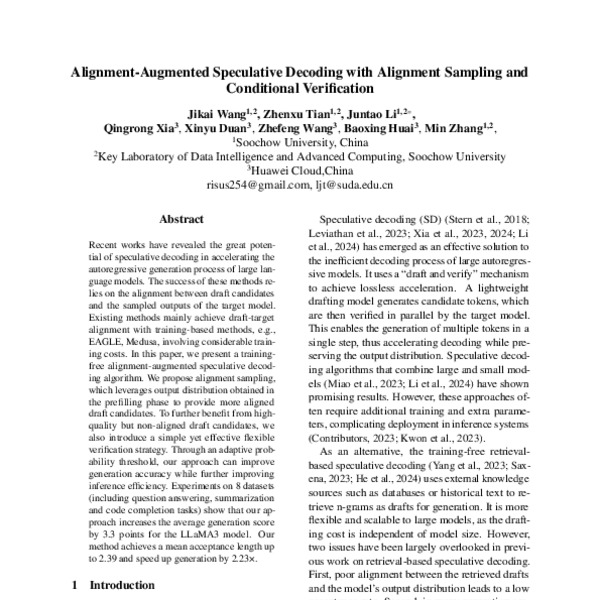 Alignment-Augmented Speculative Decoding with Alignment Sampling and Conditional Verification ...
