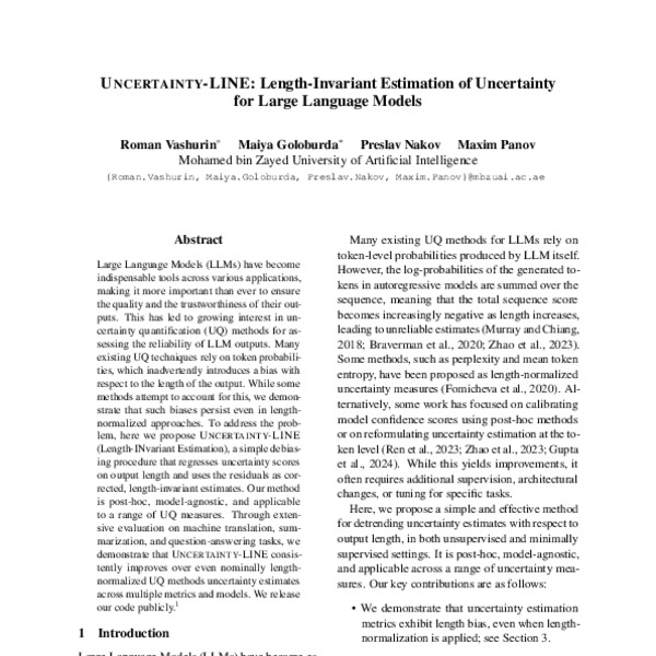 UNCERTAINTY-LINE: Length-Invariant Estimation of Uncertainty for Large ...