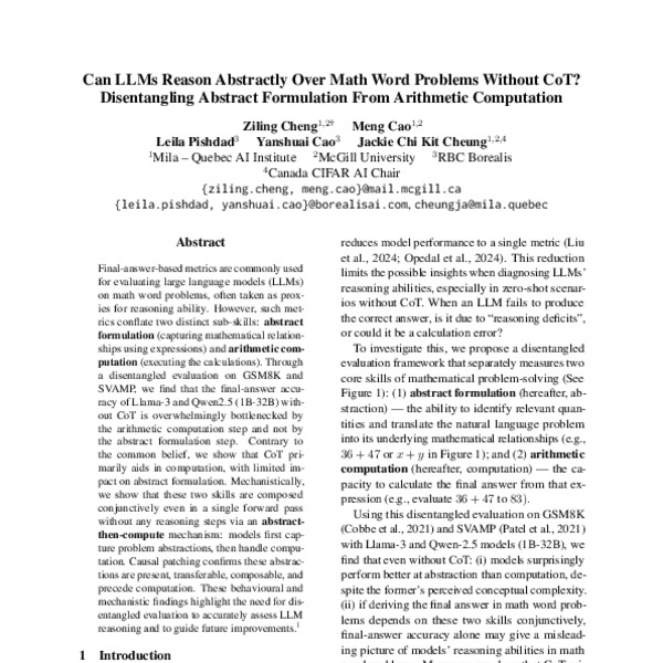 Can LLMs Reason Abstractly Over Math Word Problems Without CoT? Disentangling Abstract ...