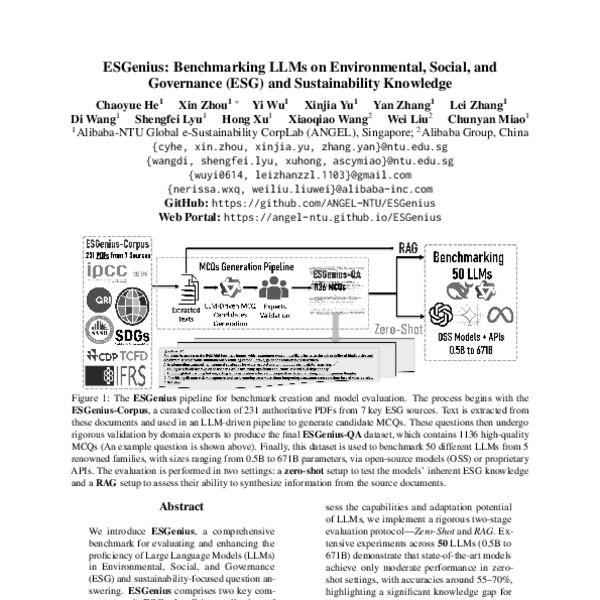 ESGenius: Benchmarking LLMs on Environmental, Social, and Governance (ESG) and Sustainability ...