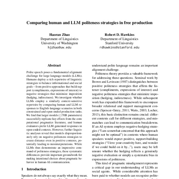 Comparing human and LLM politeness strategies in free production - ACL ...