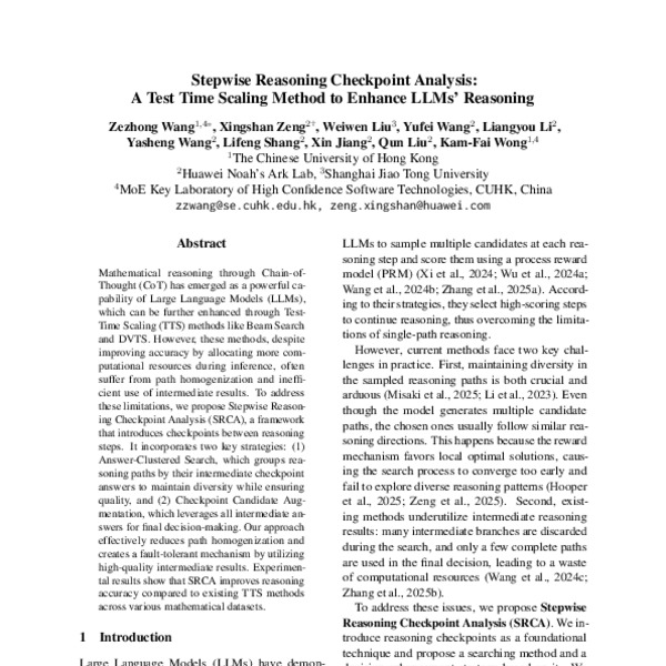 Stepwise Reasoning Checkpoint Analysis: A Test Time Scaling Method to ...