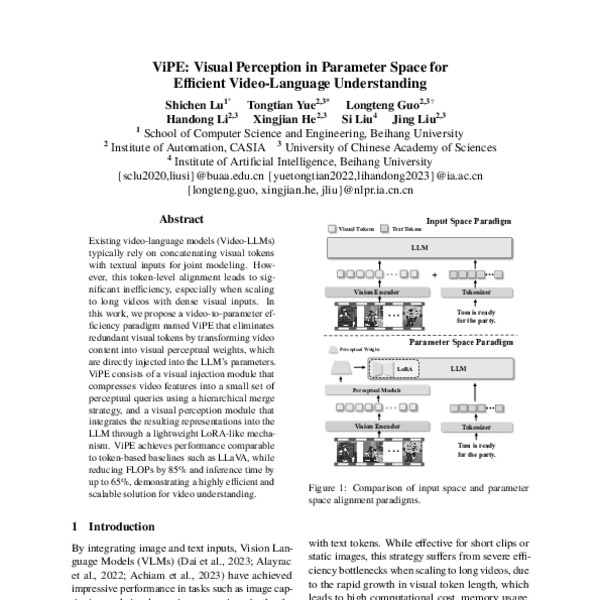 ViPE: Visual Perception in Parameter Space for Efficient Video-Language ...