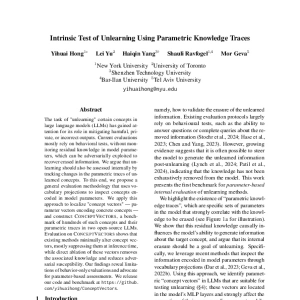 Intrinsic Test of Unlearning Using Parametric Knowledge Traces - ACL ...