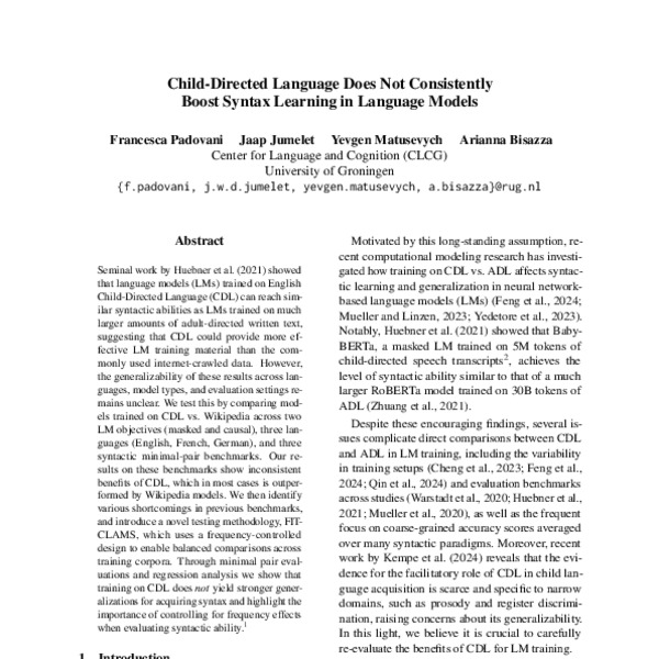 Child-Directed Language Does Not Consistently Boost Syntax Learning in ...