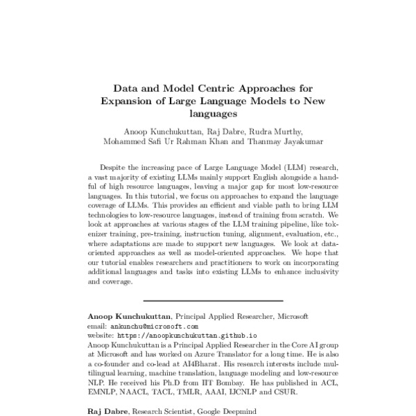 Data and Model Centric Approaches for Expansion of Large Language Models to New languages - ACL ...