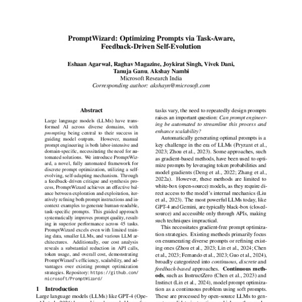 PromptWizard: Optimizing Prompts via Task-Aware, Feedback-Driven Self-Evolution - ACL Anthology