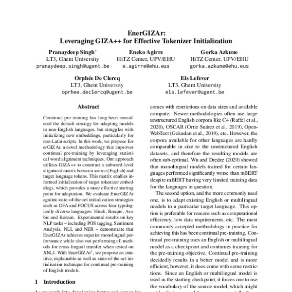 EnerGIZAr: Leveraging GIZA++ for Effective Tokenizer Initialization - ACL Anthology