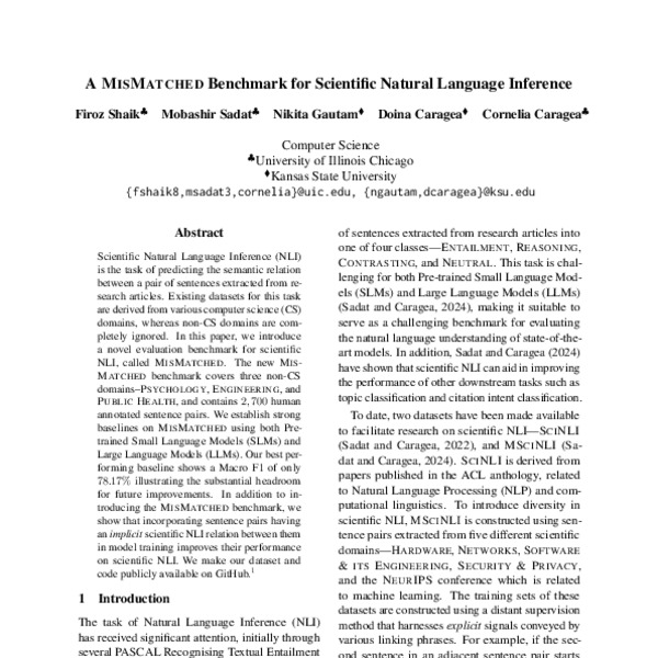 A MISMATCHED Benchmark for Scientific Natural Language Inference - ACL ...