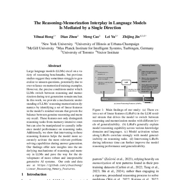 The Reasoning-Memorization Interplay in Language Models Is Mediated by a Single Direction - ACL ...
