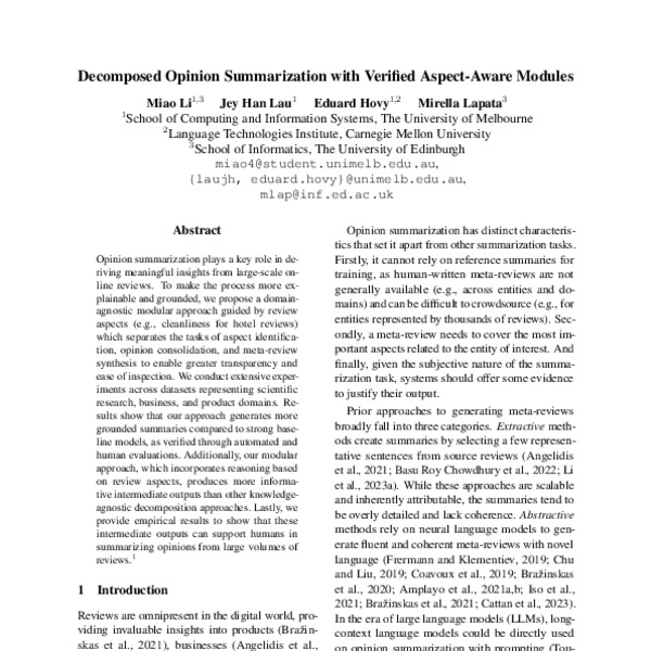 Decomposed Opinion Summarization with Verified Aspect-Aware Modules - ACL Anthology