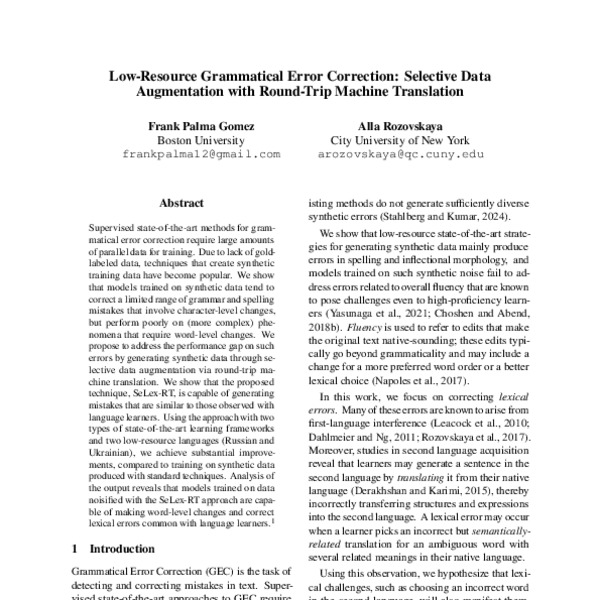 Low-Resource Grammatical Error Correction: Selective Data Augmentation with Round-Trip Machine ...