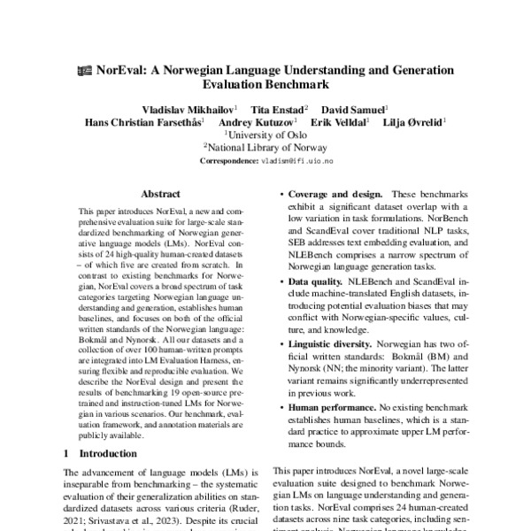 NorEval: A Norwegian Language Understanding and Generation Evaluation ...