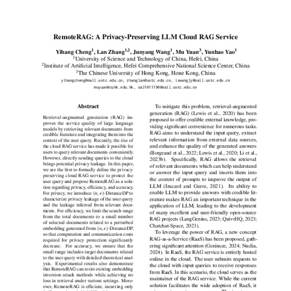 RemoteRAG: A Privacy-Preserving LLM Cloud RAG Service - ACL Anthology